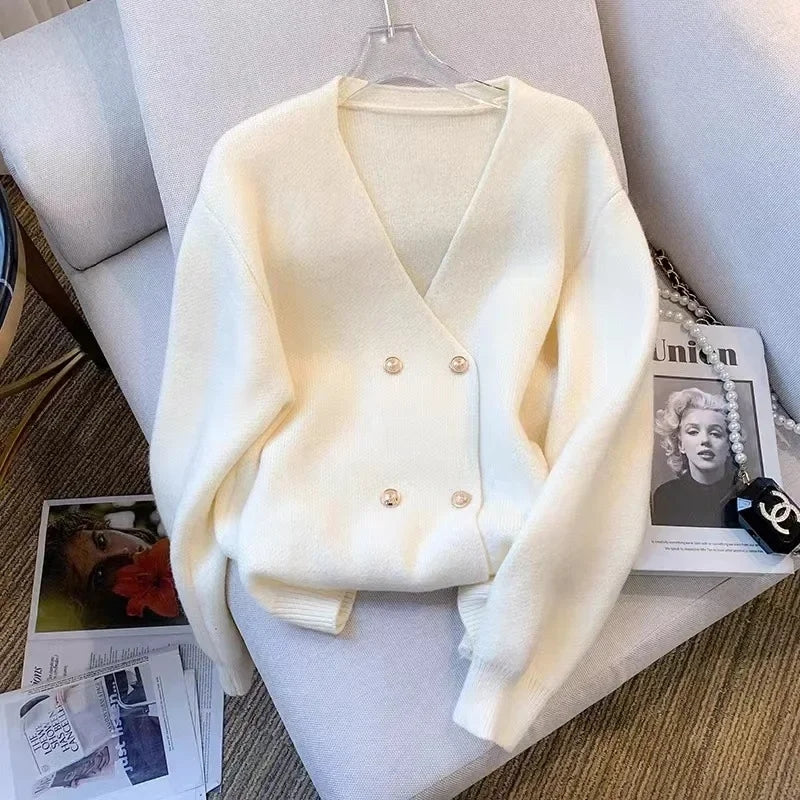 Tweed style double row button V-neck Cardigan – coolfairy