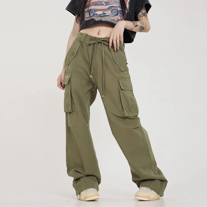High-waisted drawstring wide leg cargo pants – coolfairy