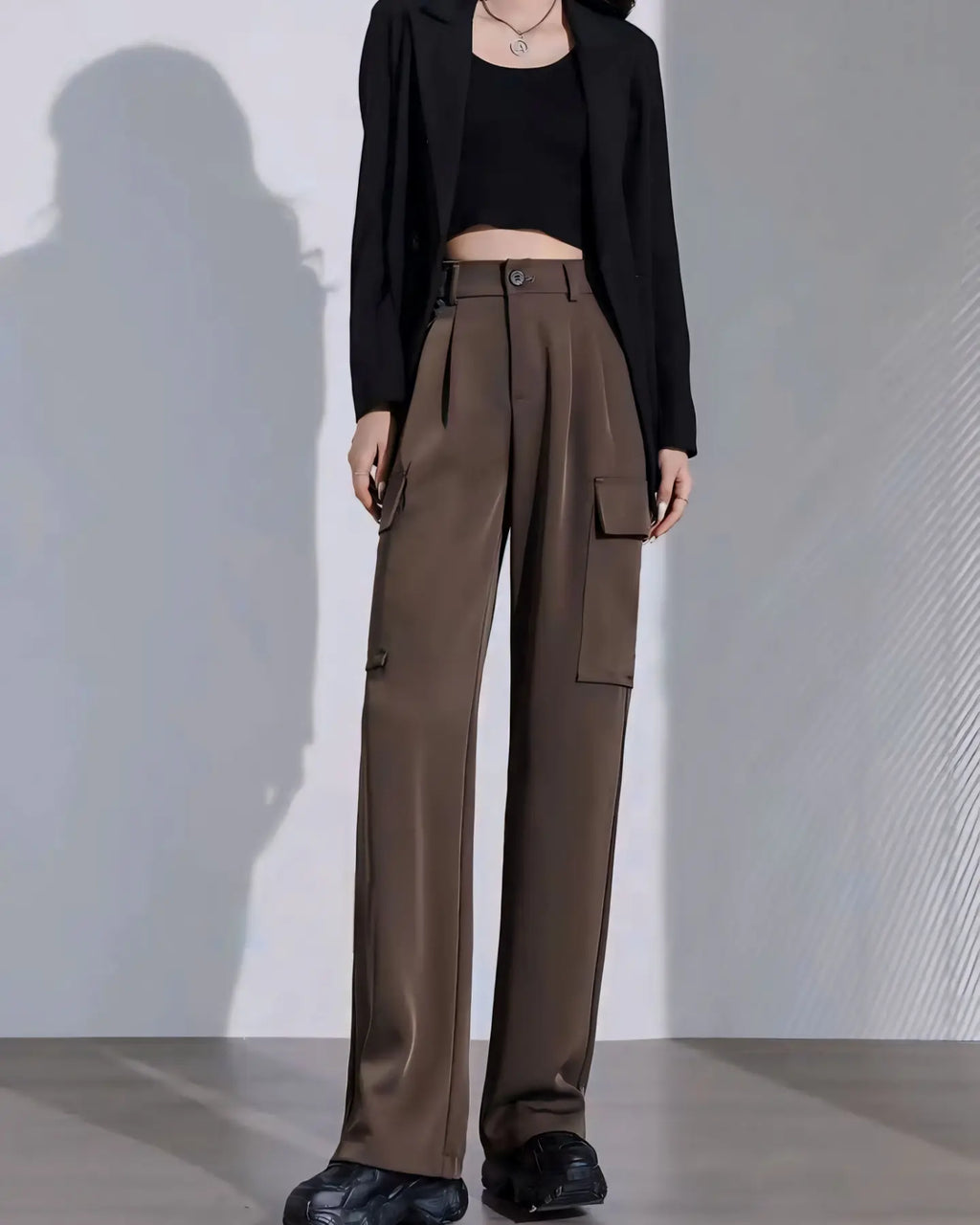 Pleated High-Waisted Wide-Leg Cargo Trousers – coolfairy