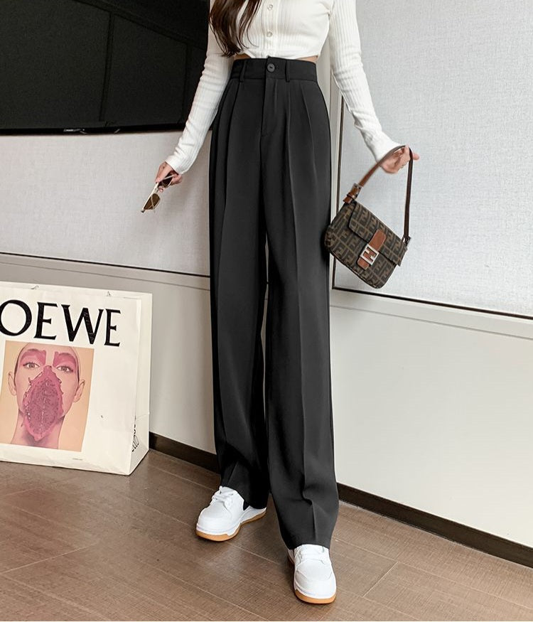 PLEATED SOLID COLOUR HIGH-WAISTED STRAIGHT FIT TROUSER – coolfairy