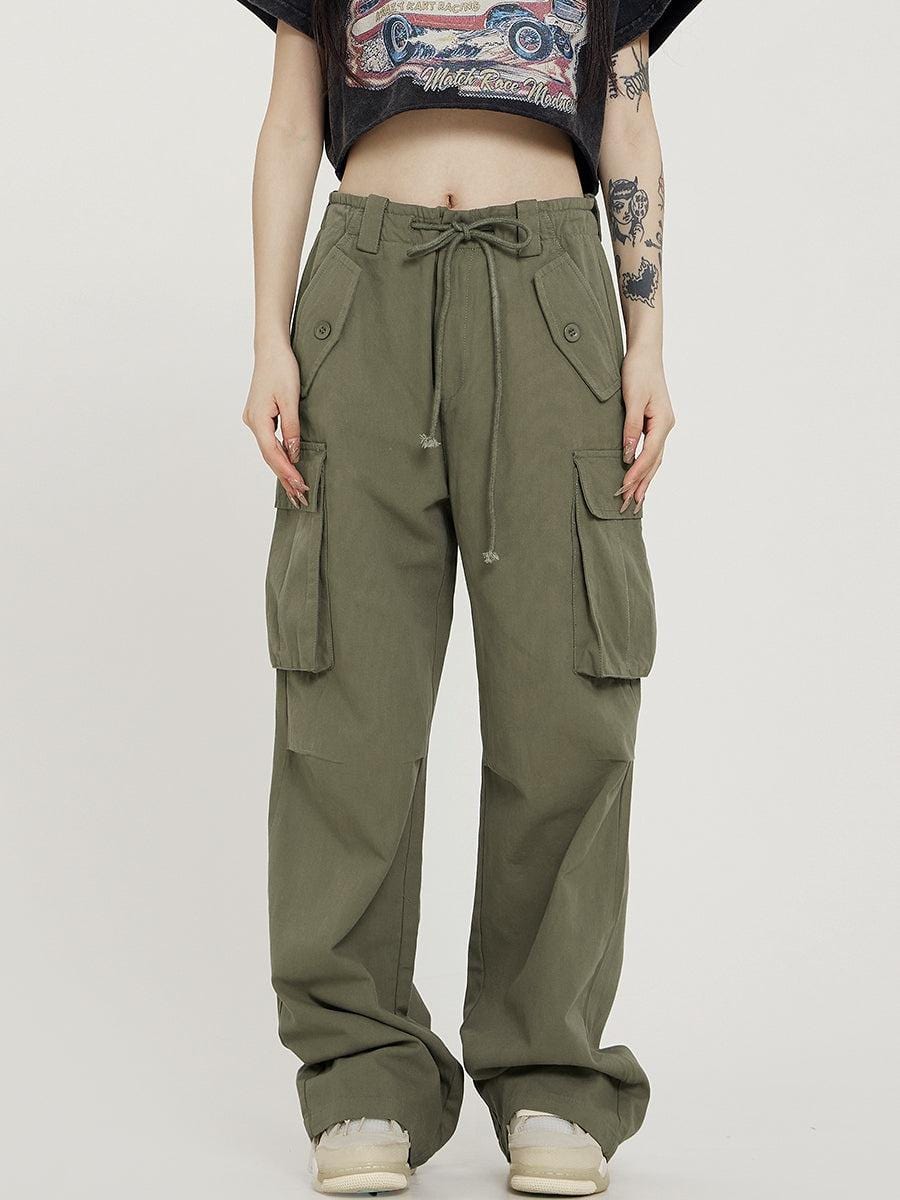 High-waisted drawstring wide leg cargo pants – coolfairy